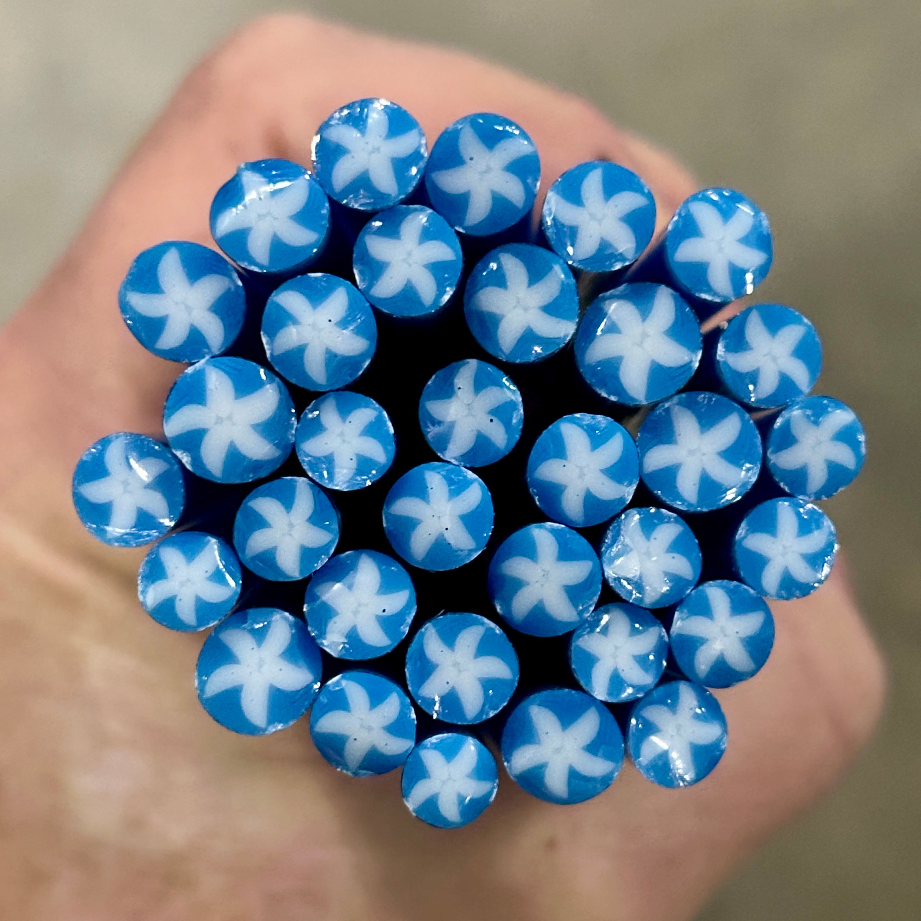 White and Blue Stars coe 90 Design Murrini SINGLE ROD – Wilderness Glass